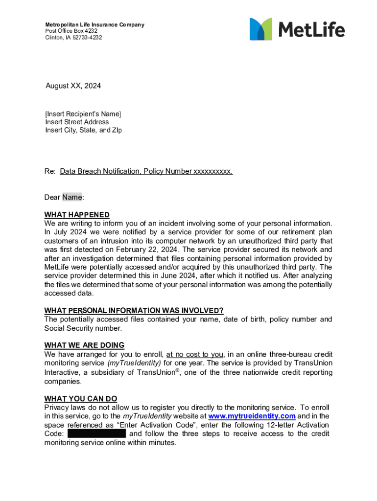 Fillable Online Data Breach Notification From Metropolitan Life ...