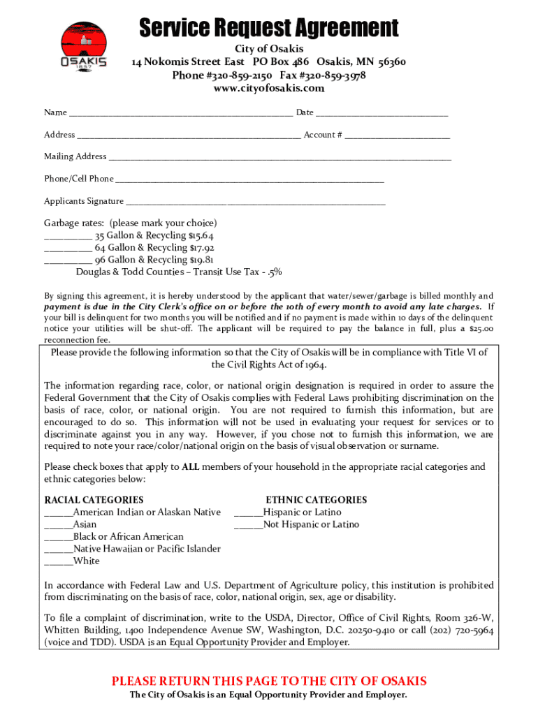 Fillable Online City of Osakis Service Request Agreement Fax Email ...