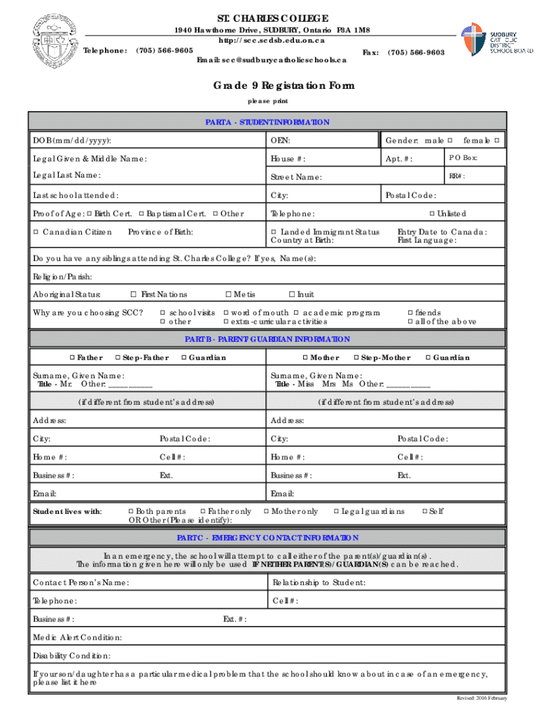 Fillable Online St. Charles College Grade 9 Registration Fax Email ...