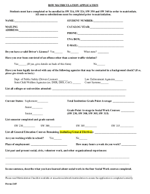 Fillable Online Bachelor of Social Work Matriculation Application Fax ...