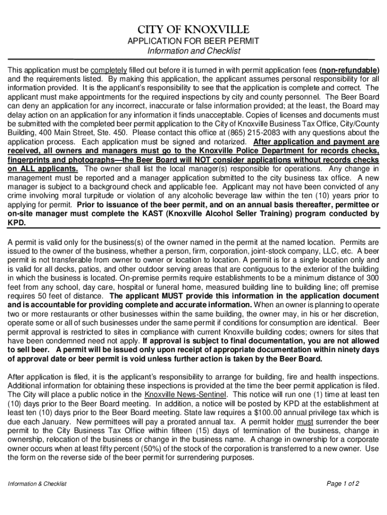 Fillable Online Application for Beer Permit Information and Checklist ...