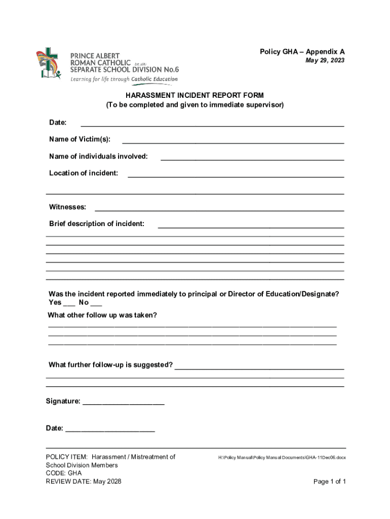 Fillable Online Harassment Incident Report Fax Email Print - pdfFiller