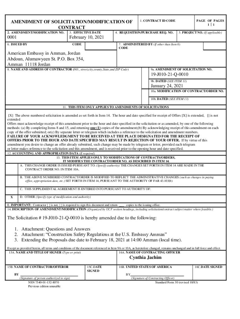 Fillable Online Amendment of Solicitation/modification No. 0001 Fax Email Print - pdfFiller