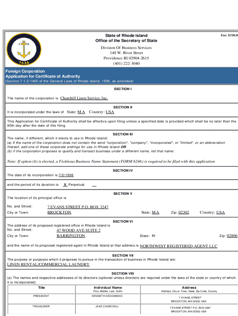 Fillable Online Application for Certificate of Authority for Churchill Linen Service, Inc. Fax ...