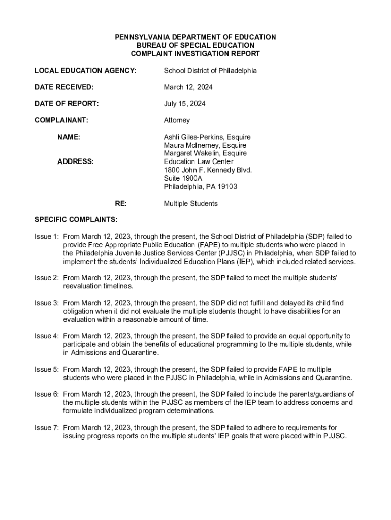 Fillable Online Complaint Investigation Report - School District of ...