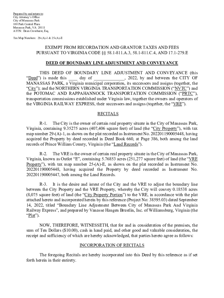 Fillable Online Deed - Boundary Line Adjustment and Conveyance (VRE ...