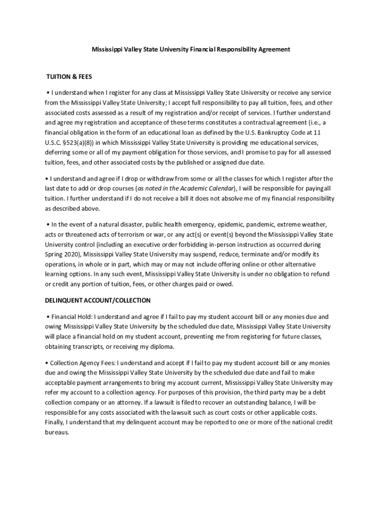 Fillable Online Mississippi Valley State University Financial Responsibility Agreement Fax Email ...