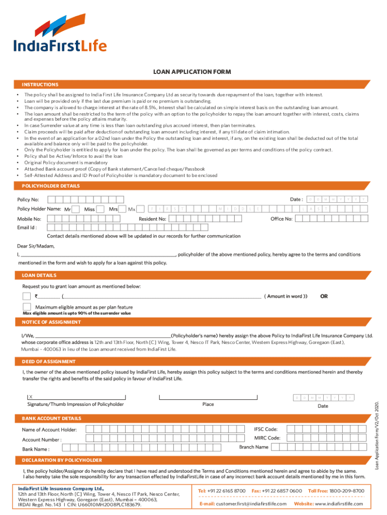 Fillable Online Loan Application Form - India First Life Insurance Fax Email Print - pdfFiller
