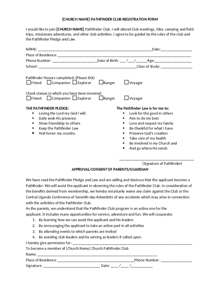 Pathfinder Club Registration - Fill Online, Printable ... Doc Template ...