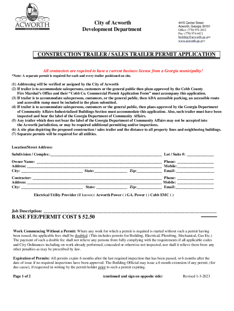 Fillable Online Construction Trailer / Sales Trailer Permit Application ...