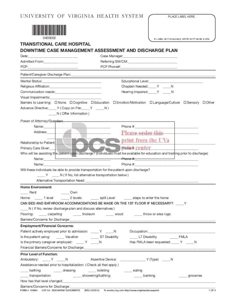 Fillable Online Downtime Case Management Assessment and Discharge Plan ...