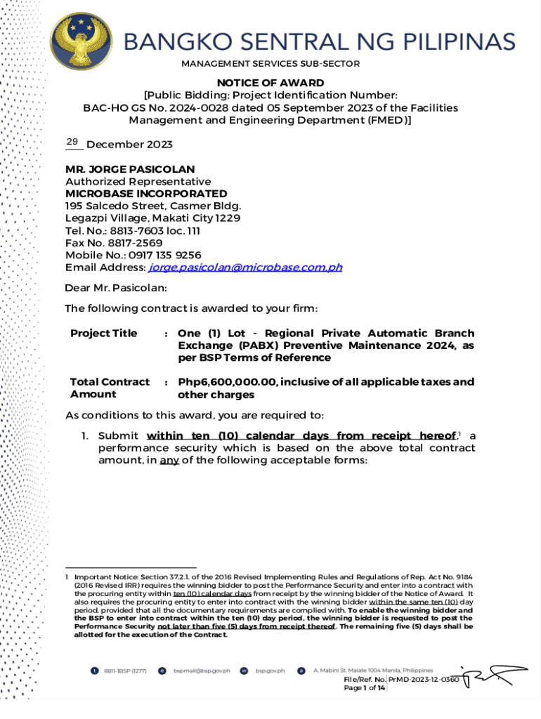 Fillable Online NOTICE OF AWARD Public Bidding; Project Identification ...