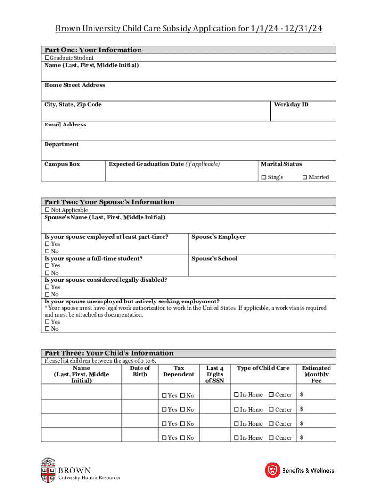 Fillable Online Brown University Child Care Subsidy Application for 1/1 ...
