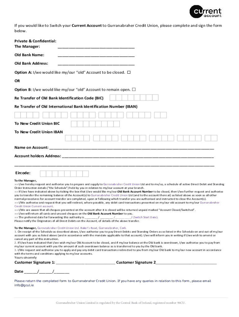 Fillable Online Switch Your Current Account to Gurranabraher Credit ...