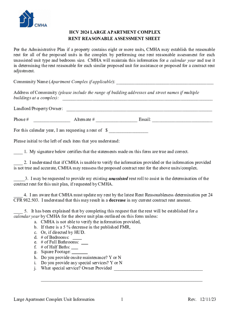Fillable Online Rent Reasonable Assessment for Large Apartment Complex ...