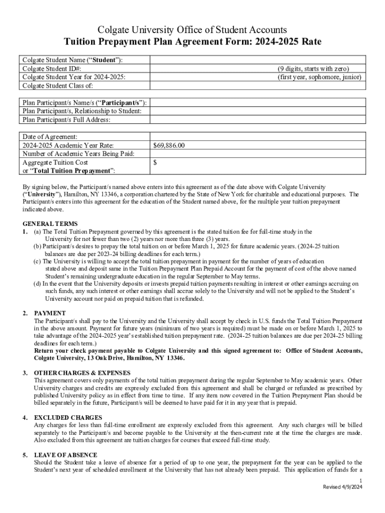Fillable Online Colgate University Office of Student Accounts Tuition ...