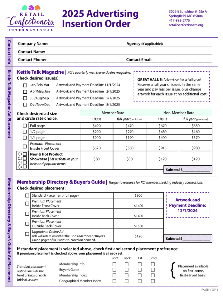 Fillable Online 2025 Advertising Insertion Order for Kettle Talk Magazine and Convention ...