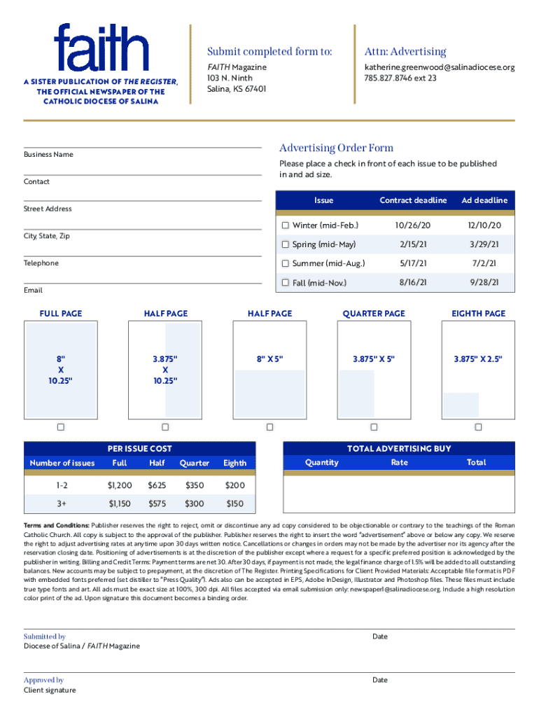 Fillable Online Faith Magazine Advertising Order Fax Email Print ...