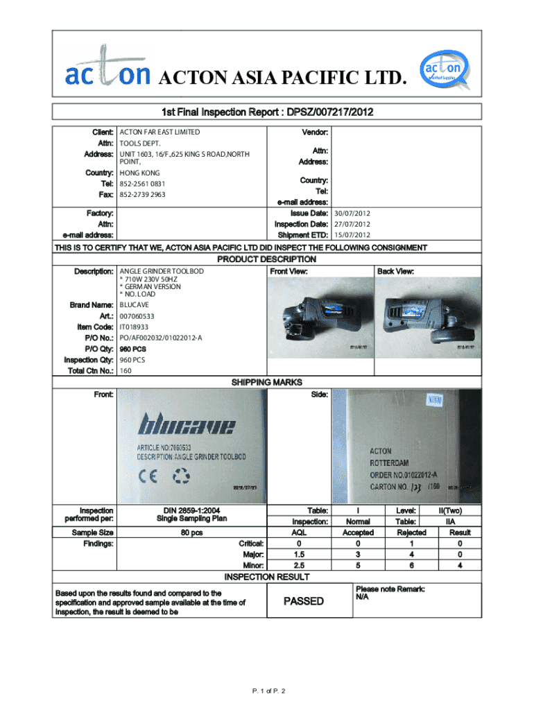 Fillable Online 1st Final Inspection Report for Angle Grinder Toolbod ...