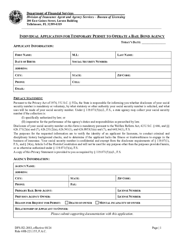 Fillable Online Application for Temporary Bail Bond Agency Permit Fax ...