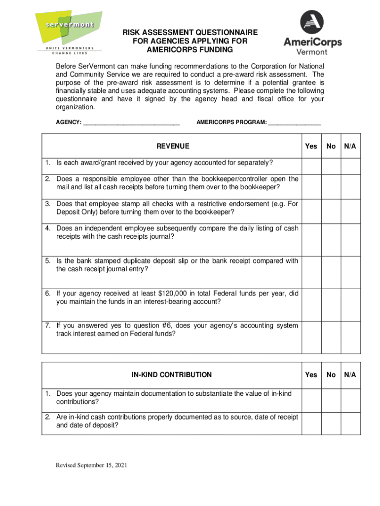 Fillable Online Risk Assessment Questionnaire for Agencies Applying for ...
