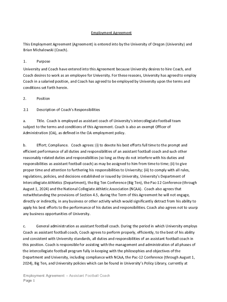Fillable Online Employment Agreement – Assistant Football Coach Fax ...