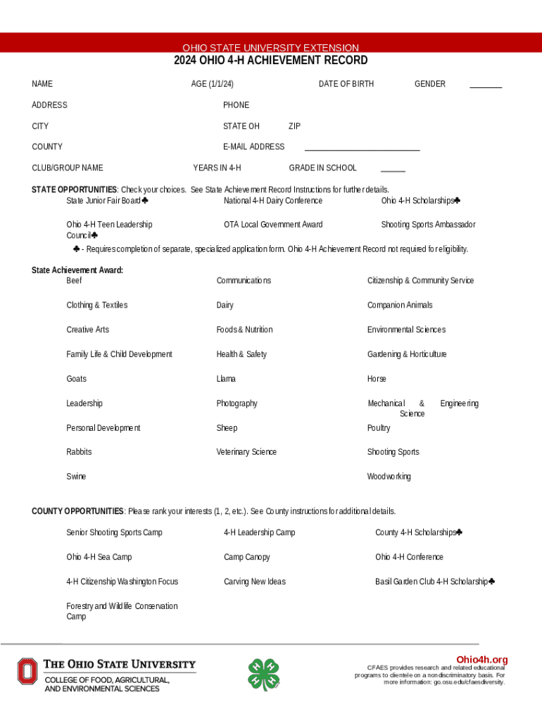 2024 Ohio 4-h Achievement Record - fairfield osu Doc Template | pdfFiller