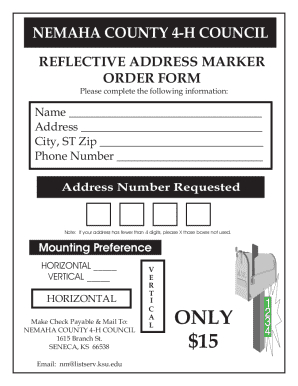 Fillable Online Nemaha County 4-h Council Reflective Address Marker ...