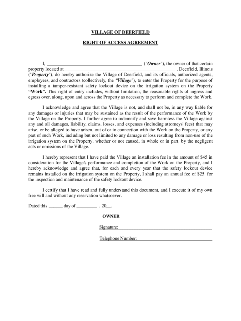 Fillable Online VILLAGE OF DEERFIELD RIGHT OF ACCESS AGREEMENT I ...