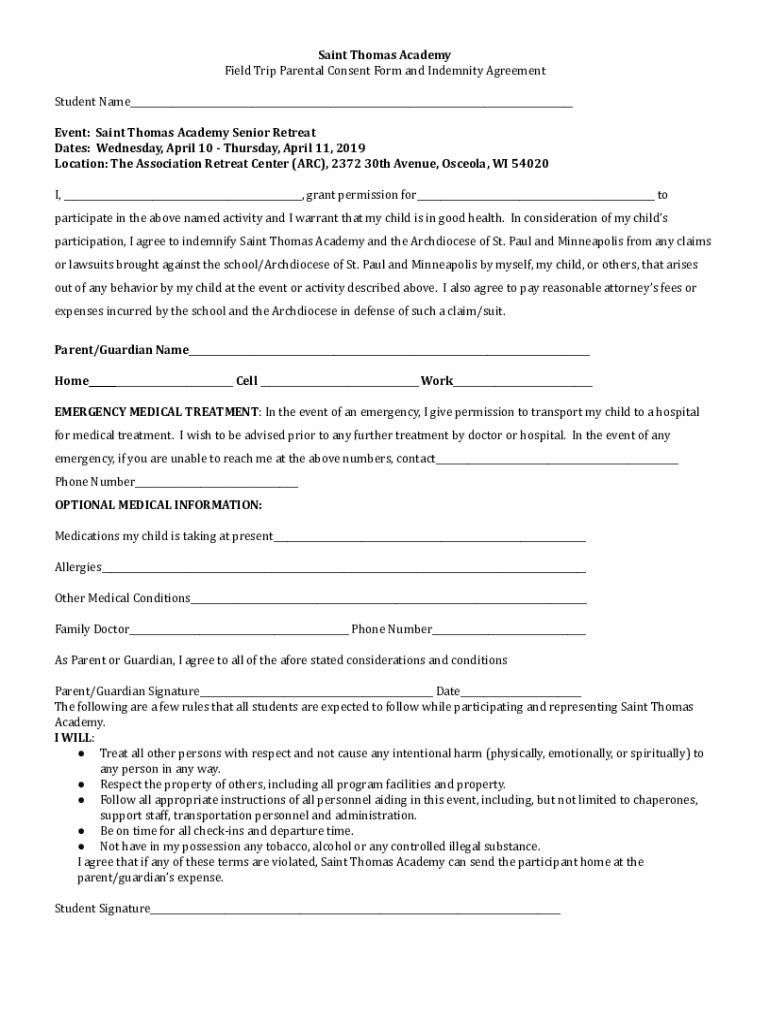 Fillable Online Saint Thomas Academy Field Trip Parental Consent Fax Email Print - pdfFiller