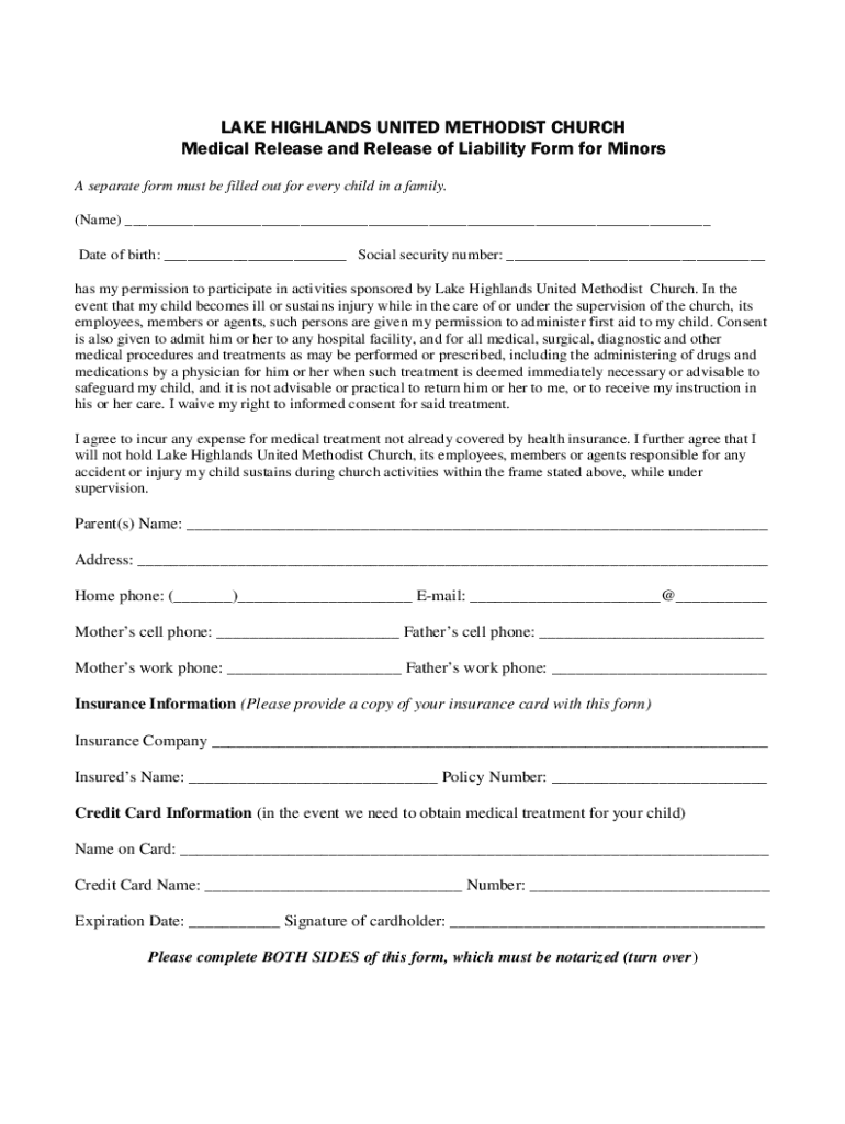 Fillable Online Medical Release and Liability Waiver for Minors at Lake ...