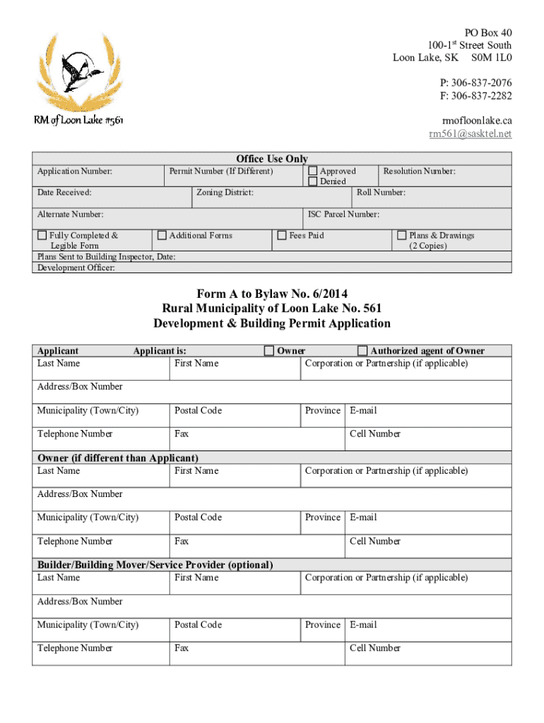 Fillable Online Rural Municipality of Loon Lake No. 561 Development ...