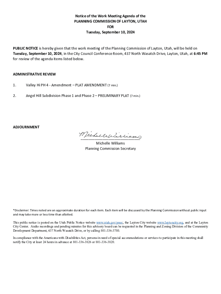 Fillable Online Work Meeting Agenda for Planning Commission of Layton, Utah - September 10, 2024 ...