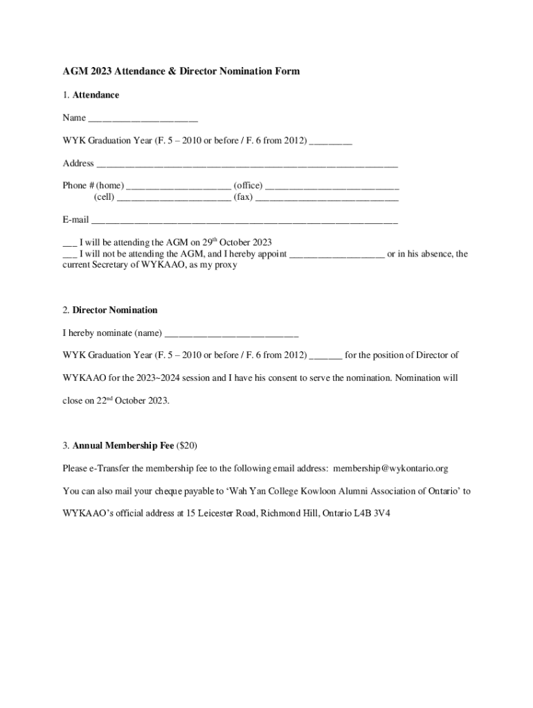 Fillable Online Agm 2023 Attendance & Director Nomination Fax Email Print - pdfFiller