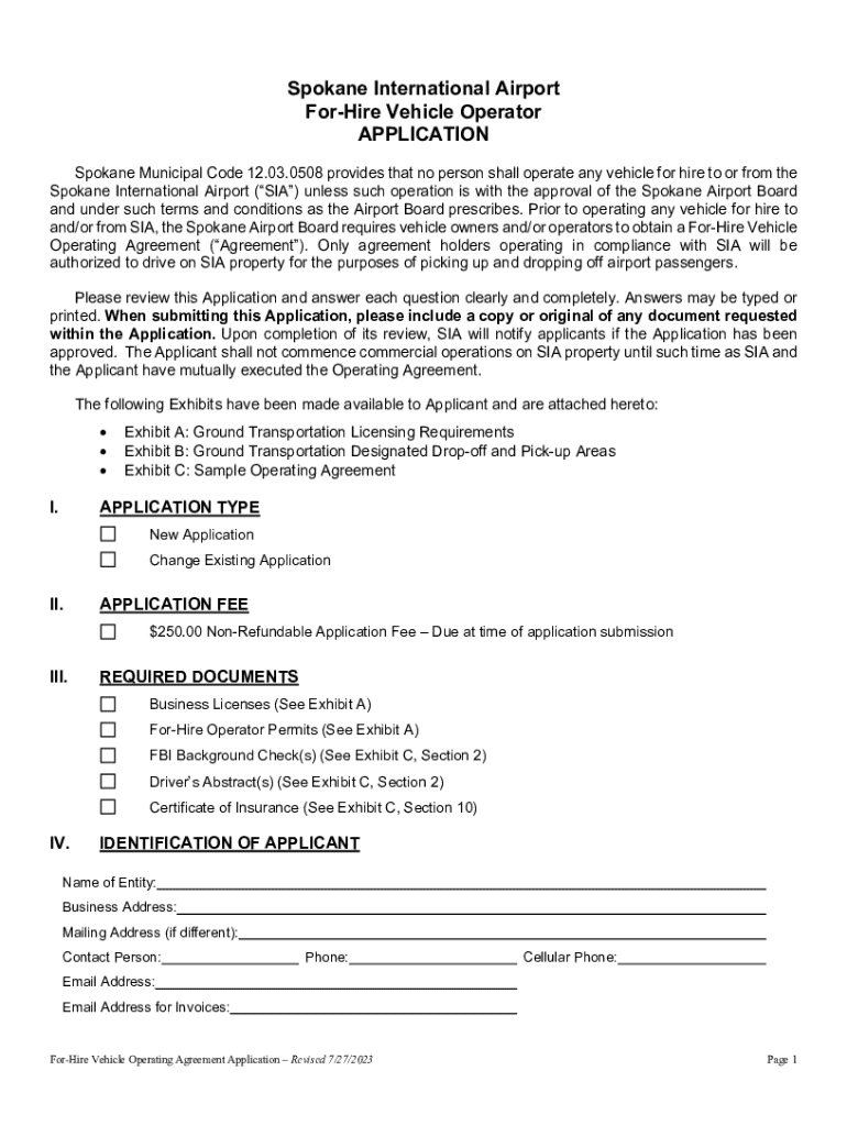 Fillable Online Spokane International Airport for-hire Vehicle Operator Application Fax Email ...