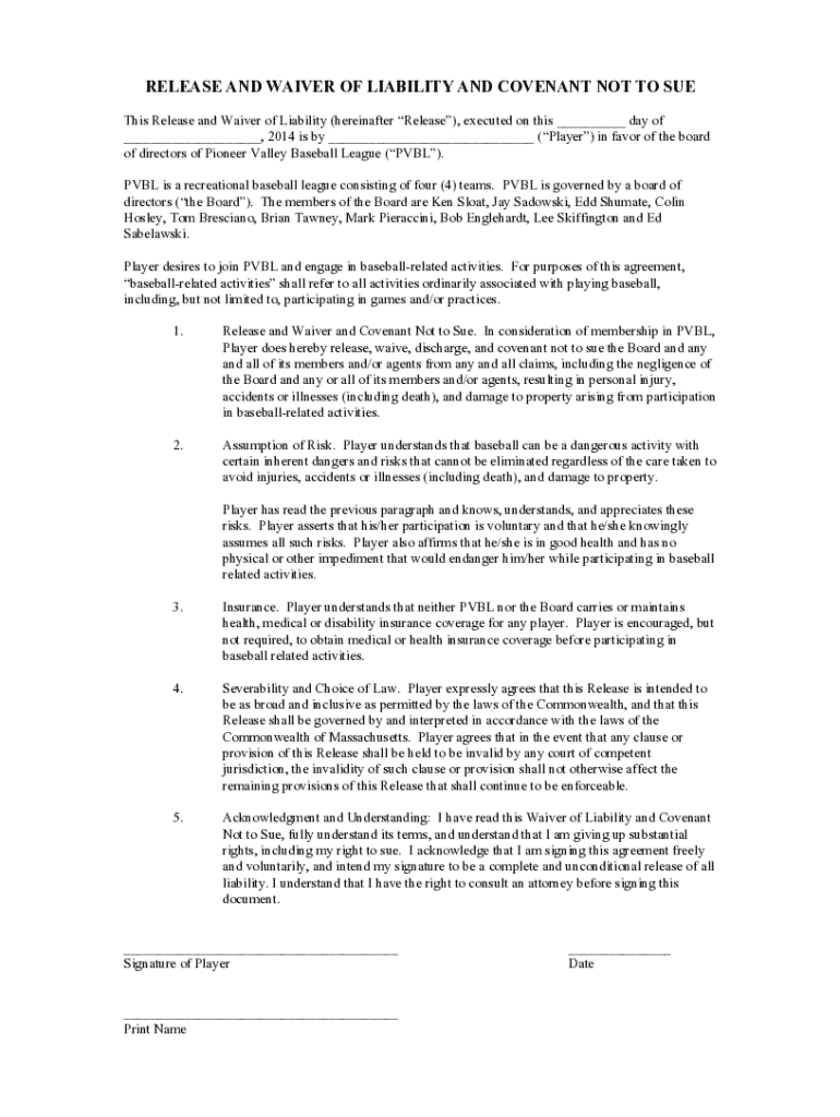 Fillable Online Release and Waiver of Liability and Covenant Not to Sue ...