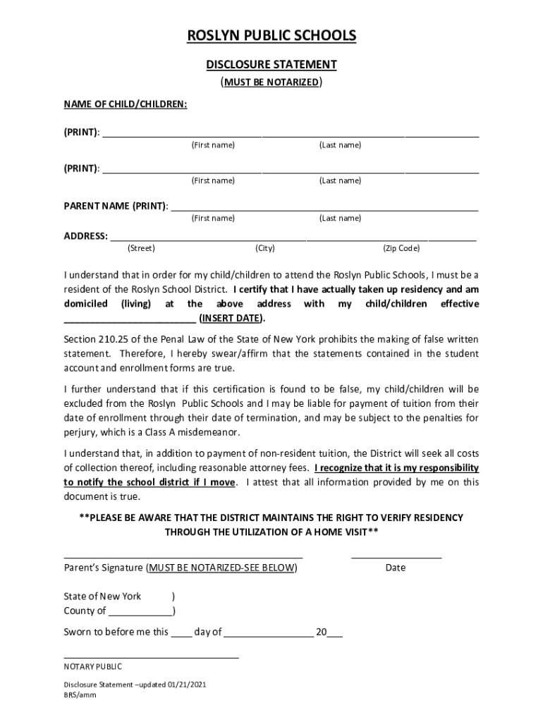 Fillable Online Roslyn Public Schools Disclosure Statement Fax Email ...