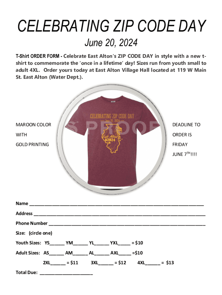 Fillable Online Celebrating Zip Code Day T-shirt Order Fax Email Print ...