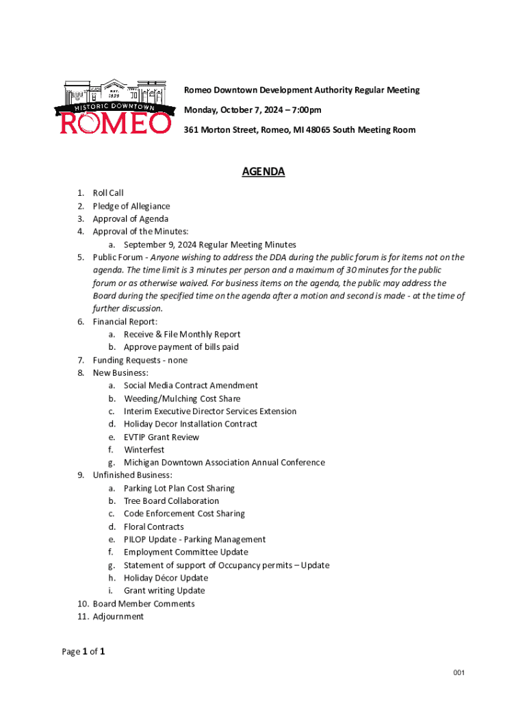 Fillable Online Romeo Downtown Development Authority Regular Meeting ...
