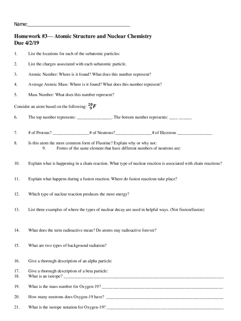 Fillable Online Atomic Structure and Nuclear Chemistry Homework Fax ...