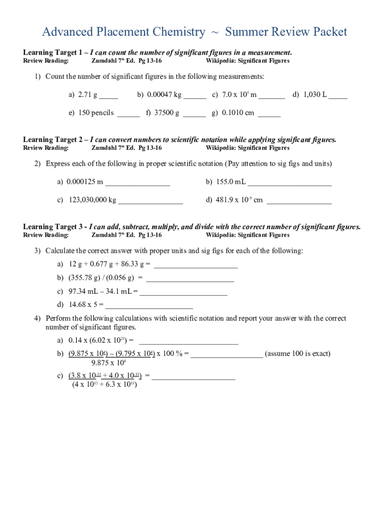 Fillable Online Advanced Placement Chemistry ~ Summer Review Packet Fax ...