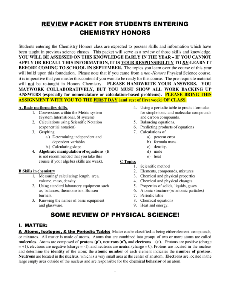 Fillable Online Chemistry Honors Review Packet Fax Email Print - pdfFiller