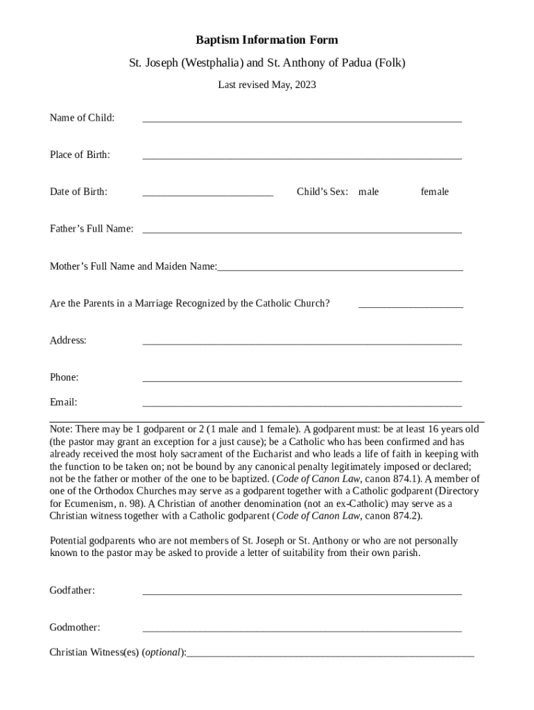 Fillable Online Baptism Information Form St. Joseph (Westphalia) and St ...