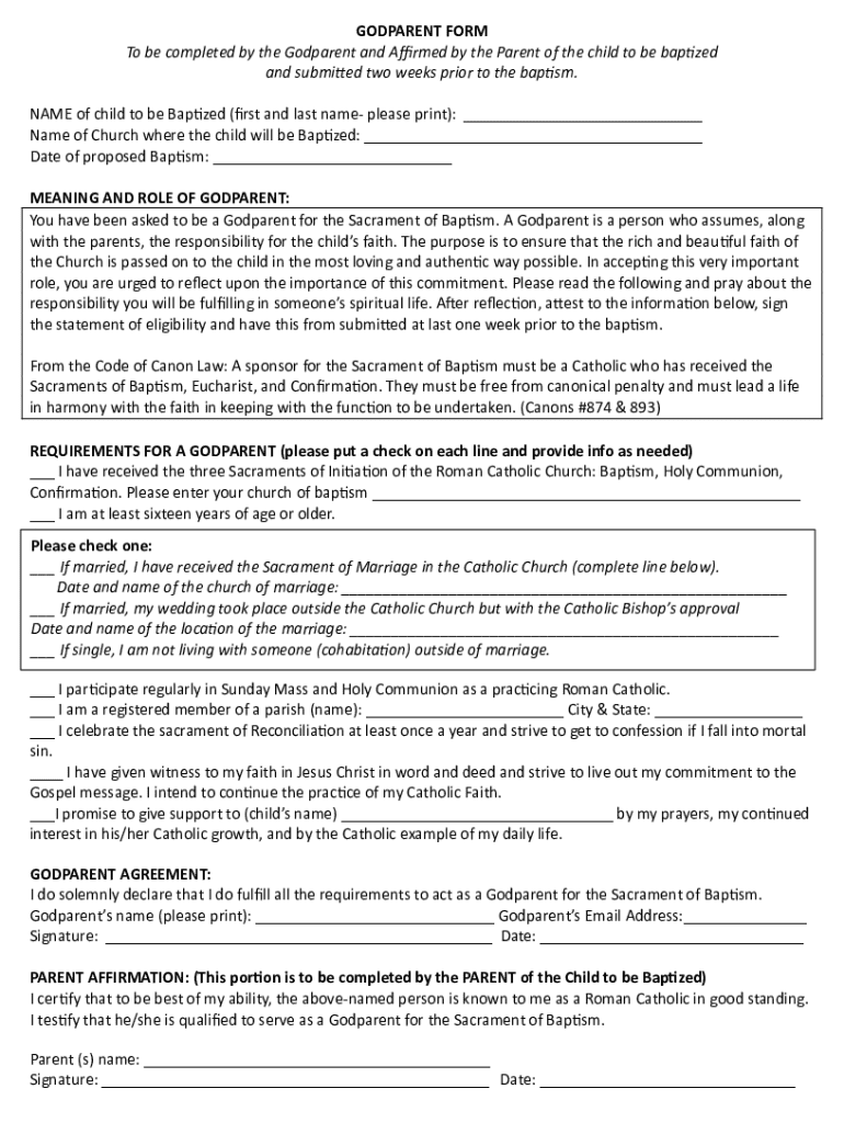 Fillable Online Godparent Form for the Sacrament of Baptism Fax Email ...