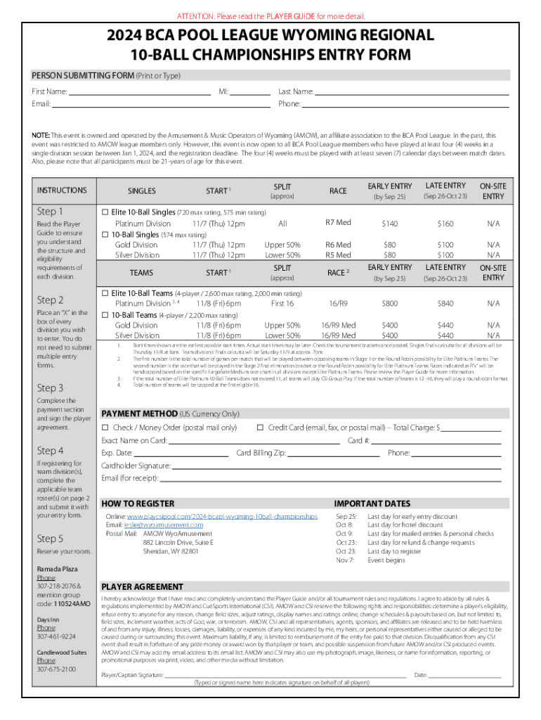 Fillable Online 2025 bca pool league world championships entry form Fax Email Print - pdfFiller