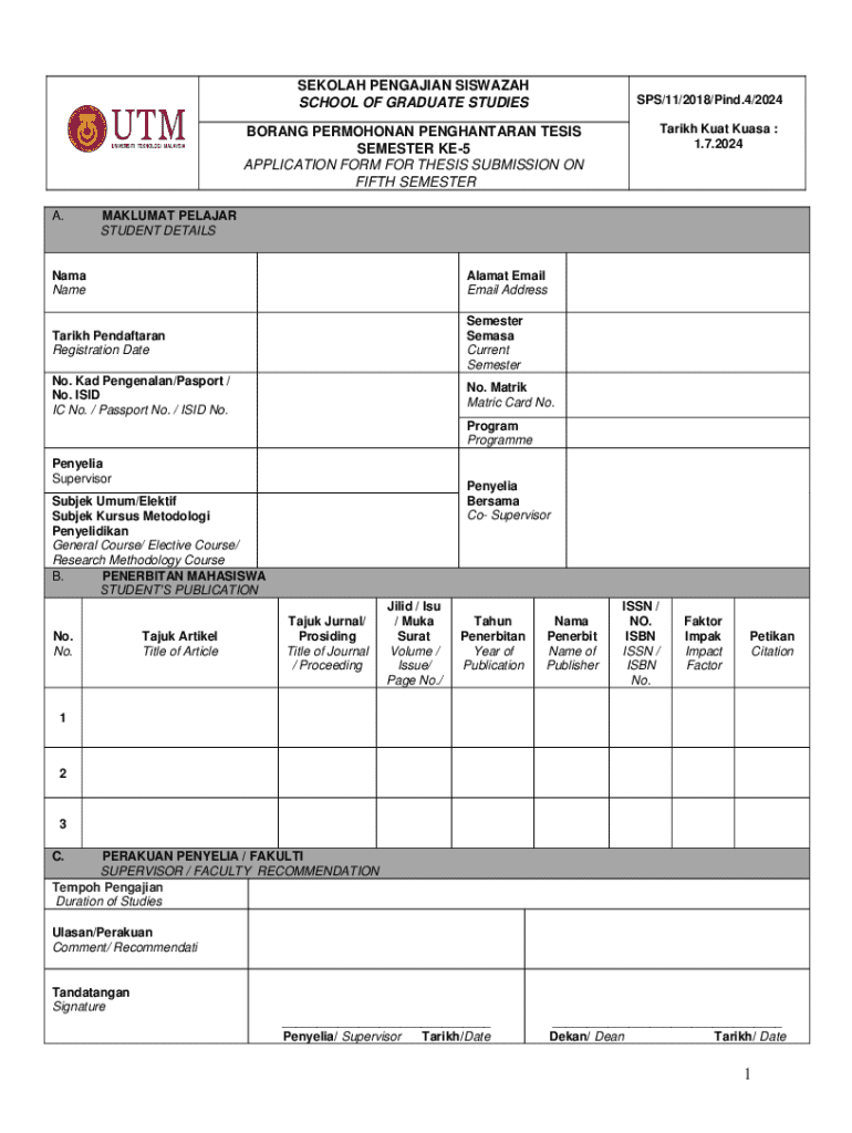 Fillable Online borang permohonan penghantaran tesis semester ke-5 Fax ...