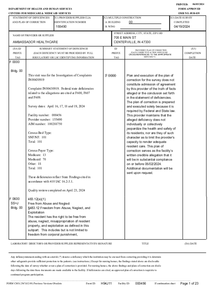 Fillable Online Statement of Deficiencies From Centers for Medicare ...