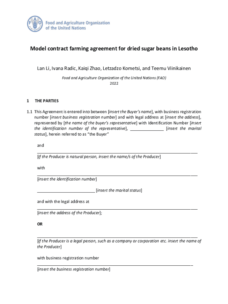 Fillable Online Model Contract Farming Agreement for Dried Sugar Beans Fax Email Print - pdfFiller