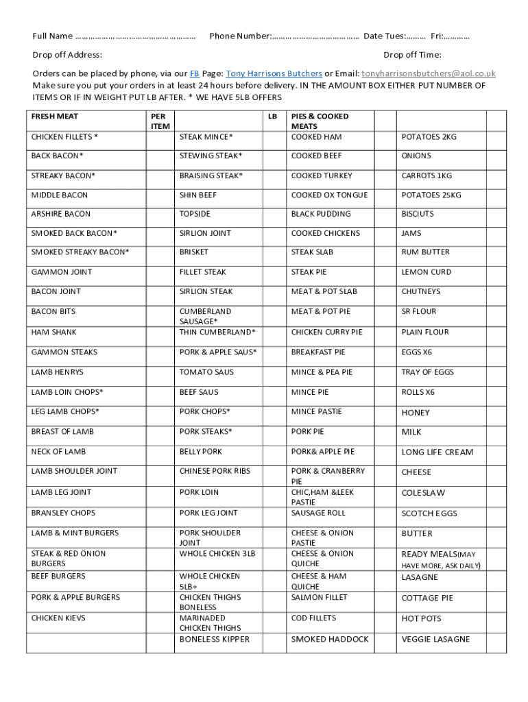 Fillable Online Harrisons Butchers Order Form Fax Email Print - pdfFiller