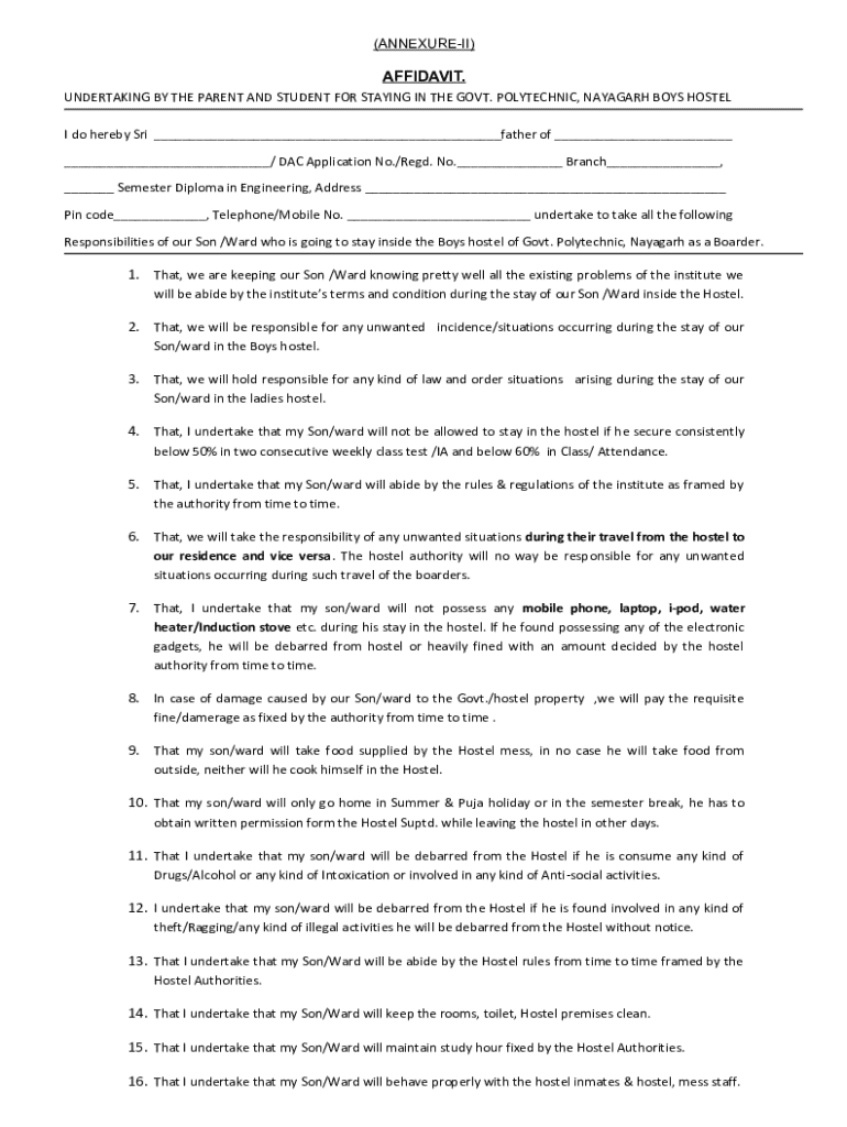 Fillable Online Affidavit and Undertaking for Staying in the Govt. Polytechnic, Nayagarh Boys ...